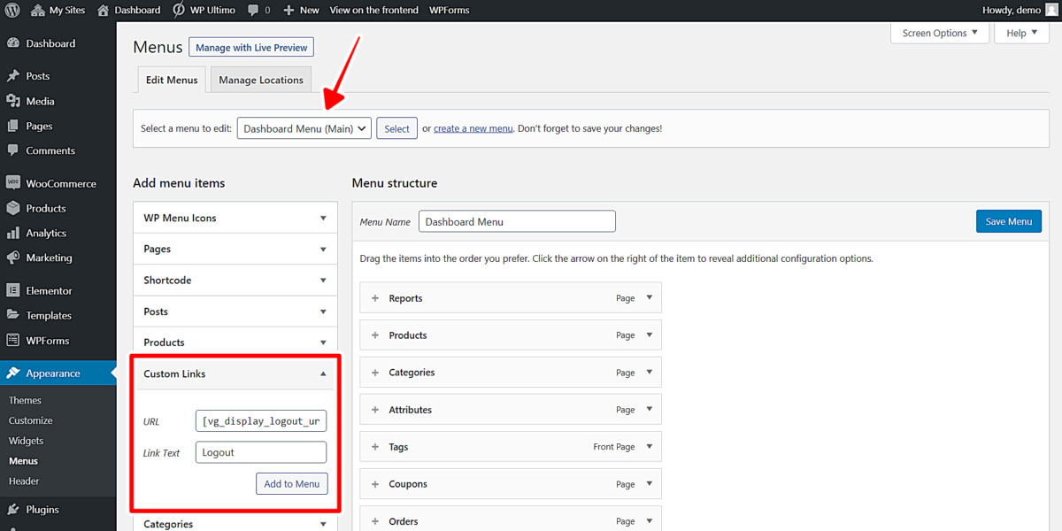 Add View User Site And Log Out Buttons On The Frontend Dashboard Menu Wp Ultimo