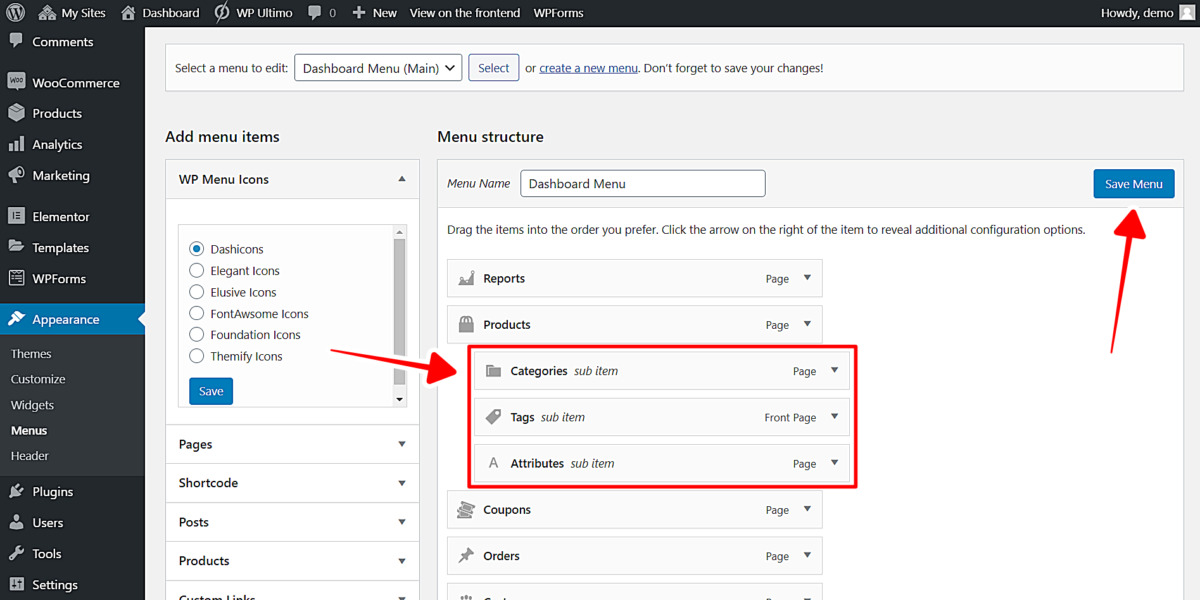 Add Menu Icons and Set Sub-items on the Dashboard Menu